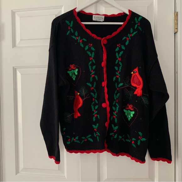 Vintage | Sweaters | Vtg Black Red Cardinal Holiday Sweater Cardigan ...